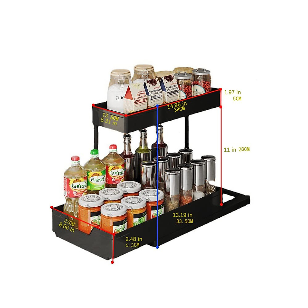 Under Sink Organizers 2-Tier, Bathroom/Kitchen Cabinet Basket Organizer Storage with Hooks Widely Use for Kitchen Spices/Under Sink/Bathroom