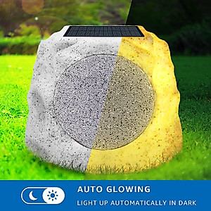 GGNOO Outdoor Speakers Bluetooth Waterproof IP44, Rock Speakers Solar Power and USB Rechargeable Outdoor Bluetooth,Twins Paring System,7 Colour Light Changeable Set for Deck Pool Yard Garden (2 Pack)