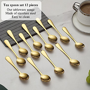 Evanda 12 Pieces Gold Teaspoons, Gold Titanium Plating Stainless Steel 14cm Tea Spoon, Cutlery for Tea, Coffee, Cake, Dessert, Salad, Dishwasher Safe