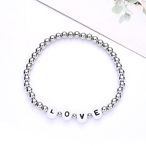 CEALXHENY Beaded Bracelets Stackable Brass Bead Ball Chain Bracelets for Women LOVE Letter Stretch Bracelet Bangles for Men Women Holiday Valentine’s Gift (C Letter LOVE Silver)