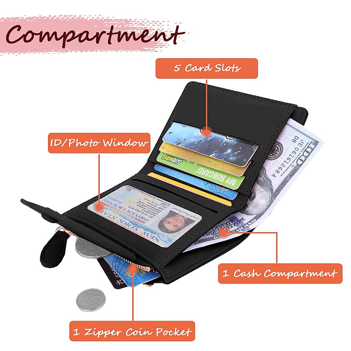 Sunwel Fashion Small Wallet with Heart Bifold Wallet Zipper Pocket Cash Card Holder Coin Purse for Women Girls (PURPLE)