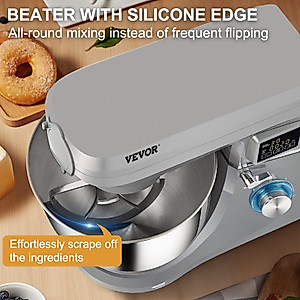 VEVOR 5 IN 1 Stand Mixer, 660W Tilt-Head Multifunctional Electric Mixer with 6 Speeds LCD Screen Timing, 7.4 Qt Stainless Bowl, Dough Hook, Flat Beater, Whisk, Scraper, Meat Grinder, Juice Cup - Gray