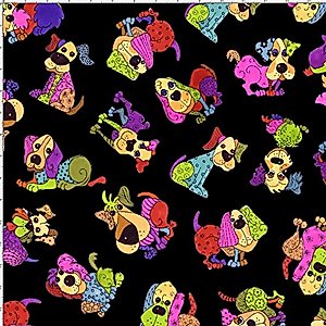 Loralie Designs Tossed Happy Dogs Black Fabric by The Yard for Quilting