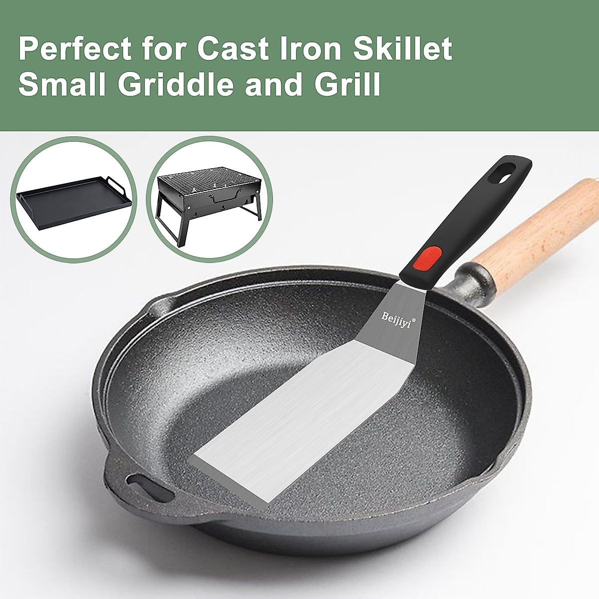 Beijiyi Stainless Steel Spatula Set, Heavy Duty Small Metal Spatula for Cooking Cast Iron Skillet with Silicone Handle - Griddle Grill Kitchen Spatula Flipper for Pancake, Fish, Smash Burger and Egg