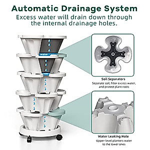 Tectsia Strawberry Vertical Planter Tower Garden, 3 Tiered Planter Stackable Herb Garden Planter with Movable Casters and Bottom Saucer Indoor and Outdoor - White