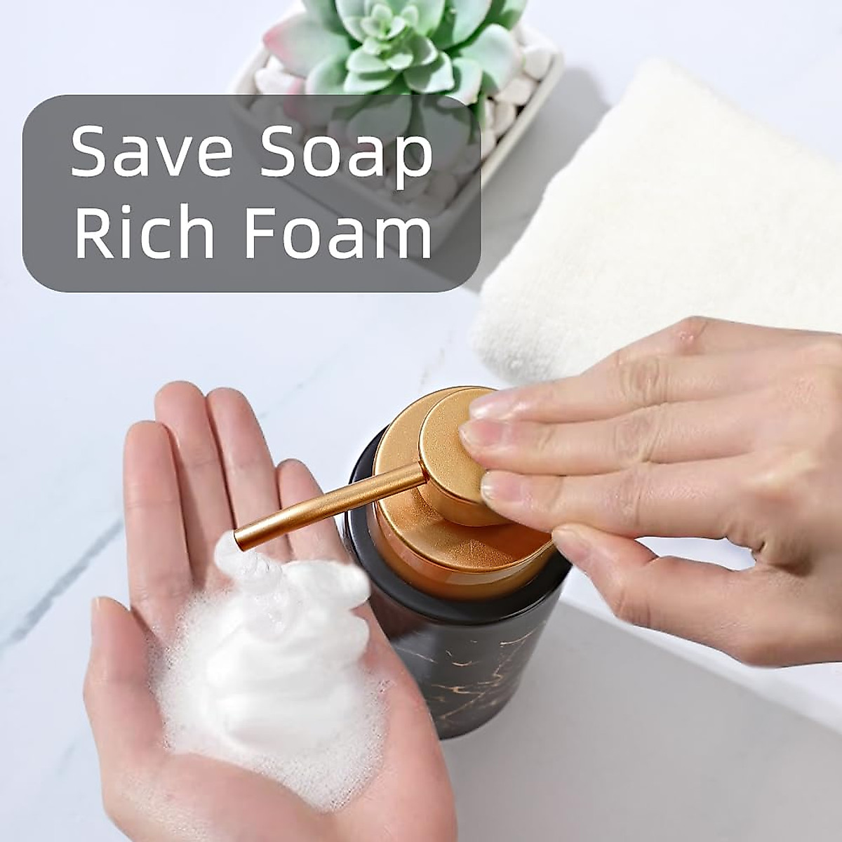 Marble Soap Dispenser, Ceramic Foam Soap Dispenser with Rust Proof Golden Pump (White)