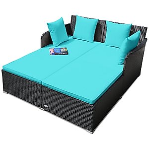 Salches Outdoor Rattan Daybed, Patio Loveseat Sofa Set w/Comfortable Cushions Extra Pillows & Metal Foot, Sunbed Wicker Furniture for Yard/Poolside/Living Room/Garden/Porch, 1, Turquoise