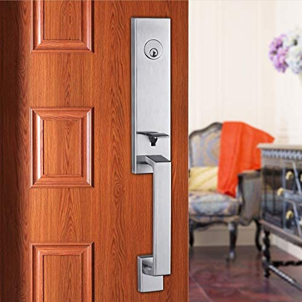 TOGU HS28L Front Door Handleset with Lever Handle in Satin Nickel,Contemporary Entry Door Lockset for Home Exterior Doors