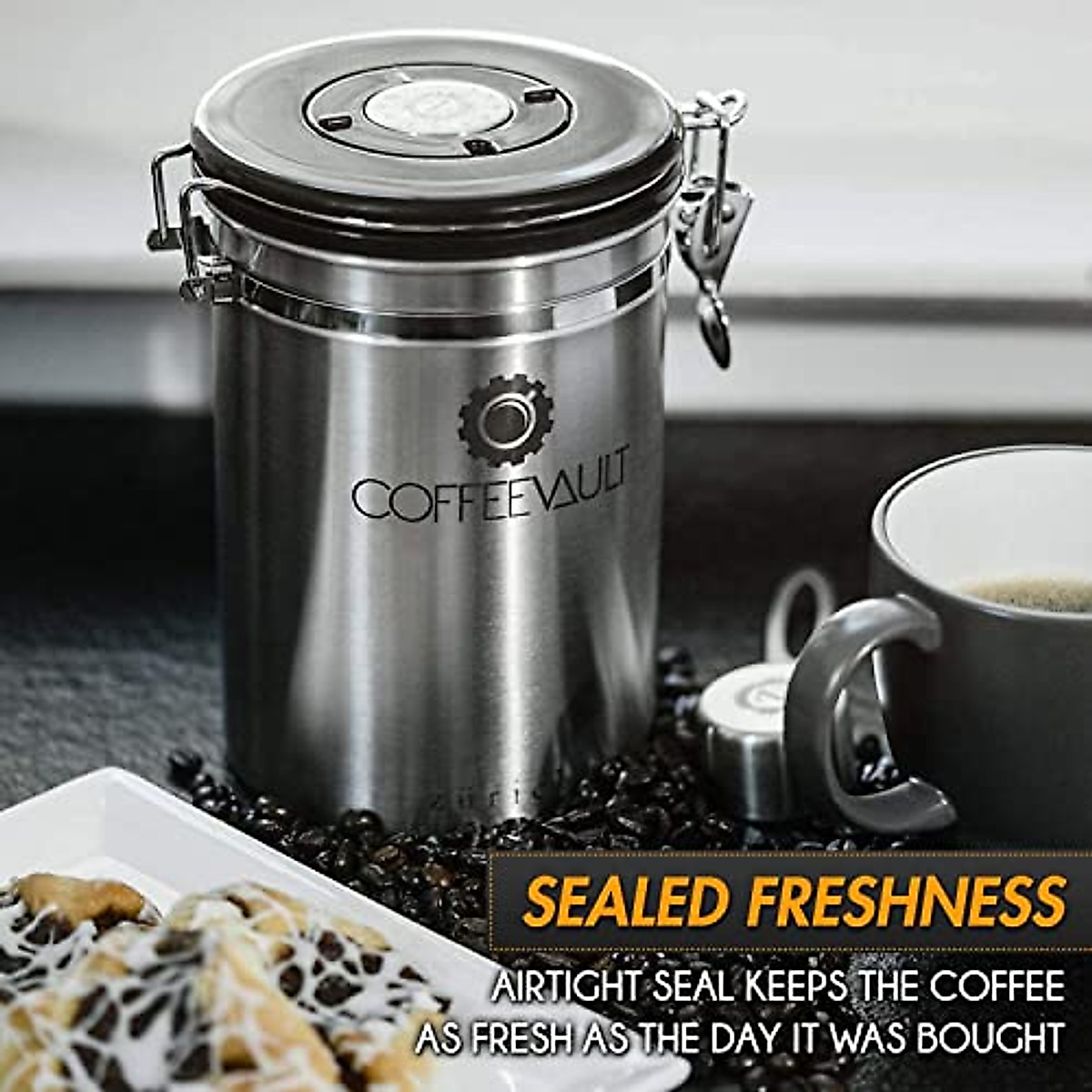 Coffee Canister for Ground Coffee with Scoop, 22oz CoffeeVault Coffee Container for Ground Coffee and Coffee Bean Storage, Coffee Storage Airtight Canister with CO2 Valve to Keep Coffee Fresh