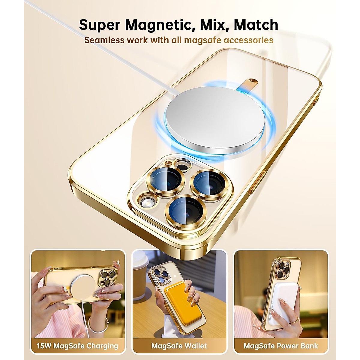 Waldeng for iPhone 13 Pro Max Case with Integrated Camera Lens Protection, [Seamless Work with Magsafe] [Metallic Glossy Soft Bumper], Diamond Clear Stylish Case for iPhone 13 Pro Max 6.7", Royal Gold