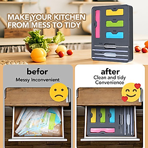 CiWiVOKi Storage Bag Organizer for Kitchen Drawer, Foil and plastic Wrap Organizer with Cutter, Plastic Kitchen Organizers and Storage for Sandwich Gallon Quart Snack Bags, 12" Aluminum Foil, Grey