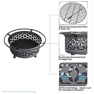 LEAYAN Garden Fire Pit Portable Grill Barbecue Rack Pits Fire Bowl with Handles,Removable Metal Fire Basket with Fire Fork, Patio Garden Multifunctional Fire Pit for Heating/BBQ for Camping