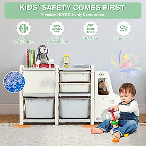 Costzon Toy Storage Organizer, Toy Shelf with with 2 Removable Toy Bins, 2 Pull-Out Drawers, Enclosed Cabinet, Kids Bookshelf, Toy Organizers and Storage for Kids Room, Playroom, Nursery (Beige)