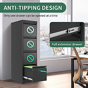 VIYET 4 Drawer File Cabinet, Metal Vertical File Cabinets with Lock for Home Office, Heavy Duty Office Steel Filing Cabinet for Hanging Files for A4/ Legal/Letter,Assembly Required (Black)