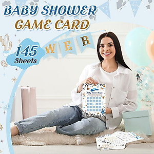 145 Pcs Baby Shower Games for Boy or Girl 5 Game Activities Card with 20 Pencils Include Baby Shower Bingo, Guess Who, Description and Well Wishes, Word Scramble Game (Cowboy Style)