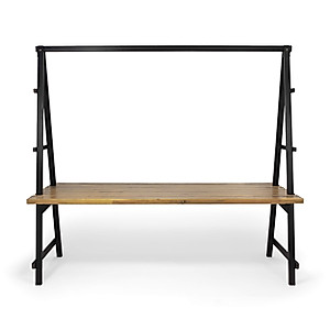 GDFStudio Outdoor Acacia Wood 88.5" Dining Table with Iron Plant Hanger, Finish and Black