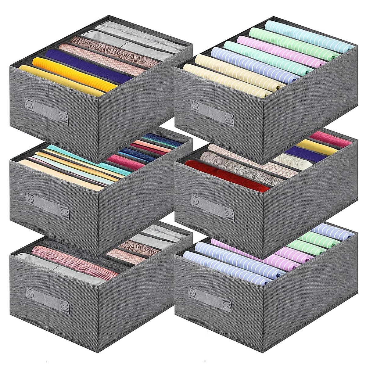 Suzurana 6 Pack Jeans Organizer for Closet, Foldable Wardrobe Clothes Organizer with Handle, Stackable Closet Clothes Drawer Organizer Tshirts with 7 Grids for Leggings, Sweater, Jean, Pants, Grey