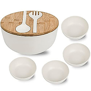 LOVYANXUE Bamboo Salad Bowl with Lid, 9.8Inches Large Salad Bowl with Lid Spoon Fork, Salad Mixing Bowls and 4 Small Bowls, Salad Serving Bowl Set for Salad, Fruits, Vegetables