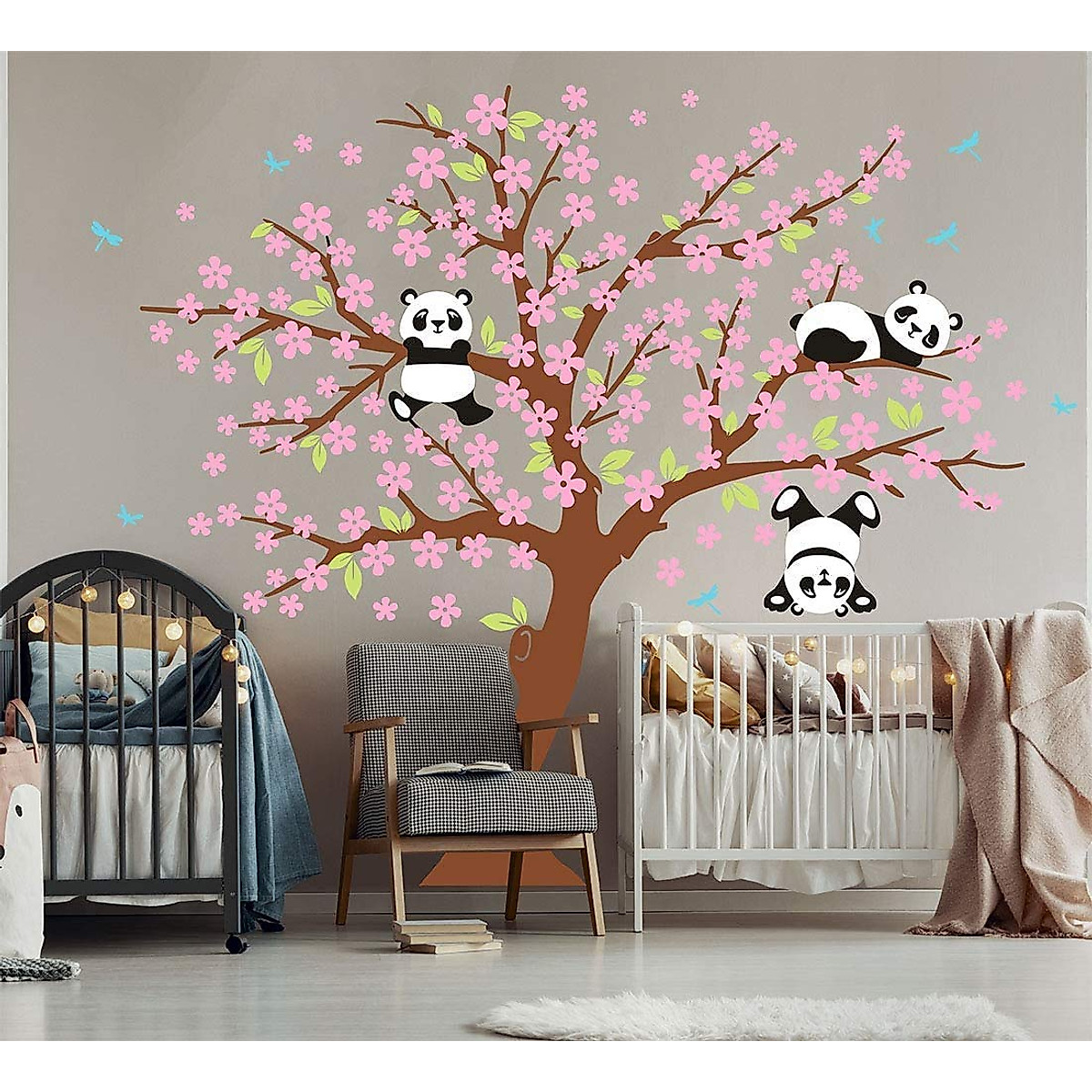 LUCKKYY Three Pandas Plying on Cherry Blossom Trees Branches Wall Decal Tree Wall Decal Tree Wall Sticker Nursery Bedroom Kid Baby Wall Decals Forest Mural Paper Nursery Vinyl Removable (Brownpink+)
