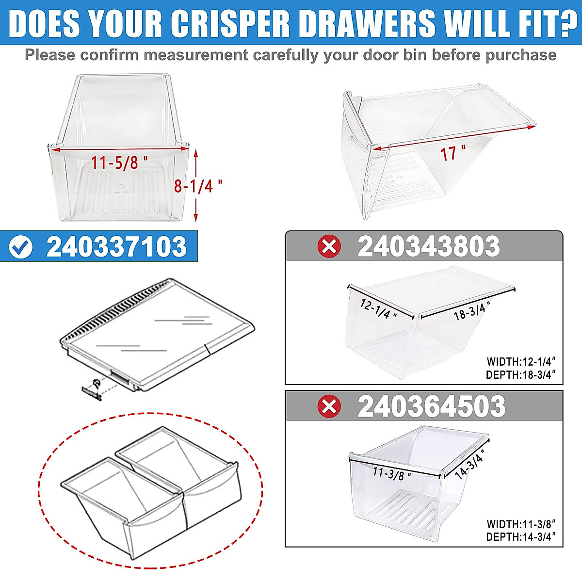 [2 PACK] UPGRADED 240337103 Crisper Bin Drawer Replacement for Frigidaire Kenmore Refrigerator Drawer Replacement, Fridge Drawer for Frigidaire Replacement Drawer Parts AP2115741, 240337100, 240337102