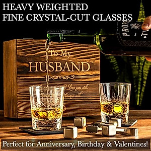 FJ FREDERICK JAMES Valentines Day Gifts for Him, Wedding Anniversary for Him, Anniversary for Husband from Wife - Crystal Whiskey Glass Set -Engraved 'to My Husband' inc. Box, Cooling Stones - fo