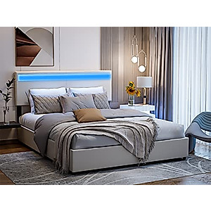 IKIFLY LED Bed Frame with 4 Storage Drawers, Upholstered Queen Size Storage Bed with Adjustable Headboard & LED Lights, Mattress Foundation, No Box Spring Needed, Easy Assembly - White/Queen