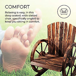 Wooden Wagon Wheel Chair Rustic Armrest Chair Outdoor Patio Furniture Wood Adirondack Chair, Slatted Seat for Garden Country Yard, Burnt-Finished - Backyard Expressions