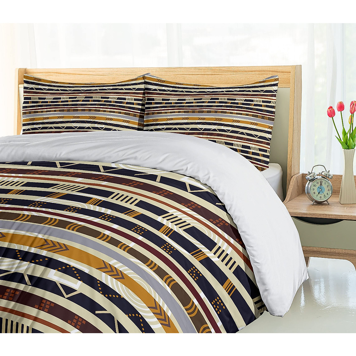 Ambesonne Abstract Duvet Cover Set, Ethnic Style Geometric Forms Striped Pattern on Bold Earth Tones Print, Decorative 3 Piece Bedding Set with 2 Pillow Shams, King Size, Orange Cream