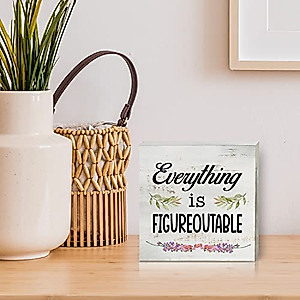 Everything is Figureoutable Wood Box Sign Decor Rustic Inspirational Office Quote Wooden Box Sign Block Plaque for Wall Tabletop Desk Home Office Decoration 5" x 5"