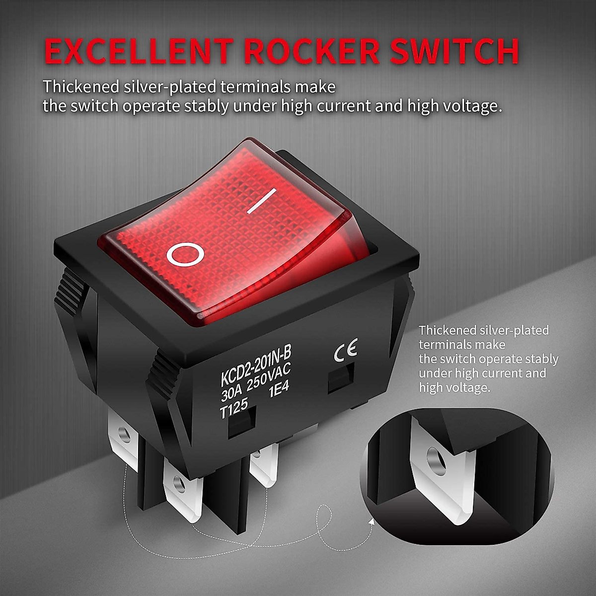 DaierTek 30A 250V KCD2 KCD4 Rocker Switch DPST 4 Pin Red Lighted 120V Rocker Toggle Switch ON Off Heavy Duty T125-3Pack