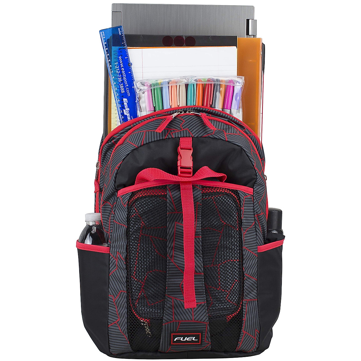 FUEL Backpack with Lunchbox Combo, Perfect for School, Two Compartment, Water Resistant, Durable, Side Water Bottle Pockets - Black/Poppy Red/Geometric
