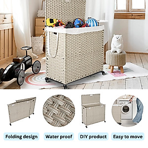Knocbel Laundry Hamper with Lid and 2 Liners, PE Rattan Frame Clothes Hampers with 2 Removable Bags, Laundry Sorter with Side Handle and 4 Wheels, Gray 160L/42.26Gal