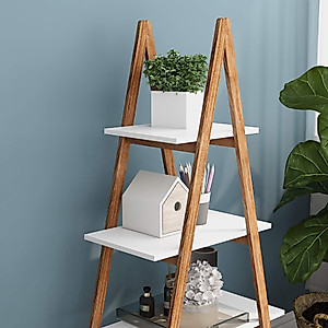 Knocbel 4-Tier Bamboo Ladder Shelf Storage Shelves Display Rack, Bookcase Plant Flower Pots Stand, 22 Lbs Capacity of Each Tier, 31.49" L x 11.73" W x 53.54" H (White and Brown)