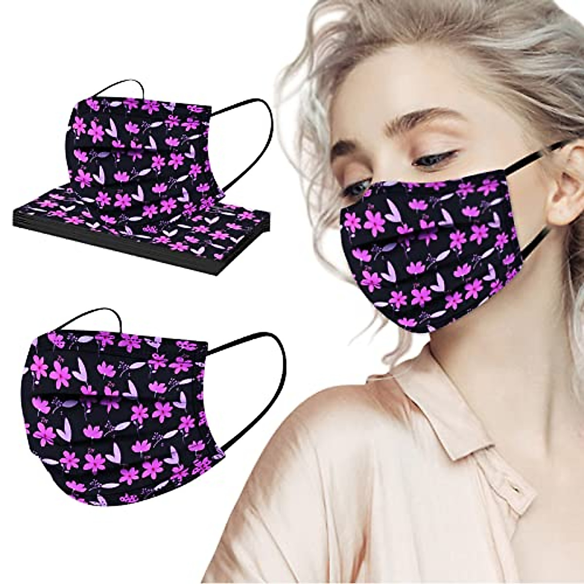Wtosuhe 50 Pack Adults Floral Disposable FaceMasks, 3-Ply Women Spring FaceMasks with Flowers Butterfly Designs and Nose Wire for Work Holiday