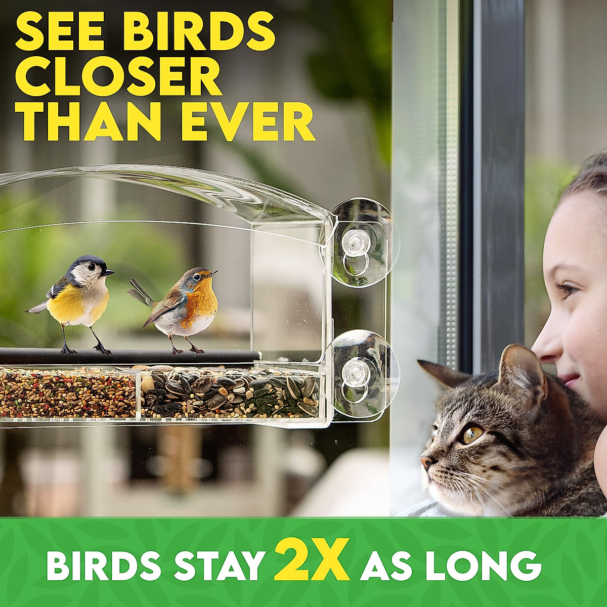 Gray Bunny Window Bird Feeder with Strong Suction Cups, Modern Window Bird Feeders for Outdoors Viewing, Clear Transparent Squirrel Proof Birdfeeder, Drain Holes, Removable Tray, Large Seed Capacity