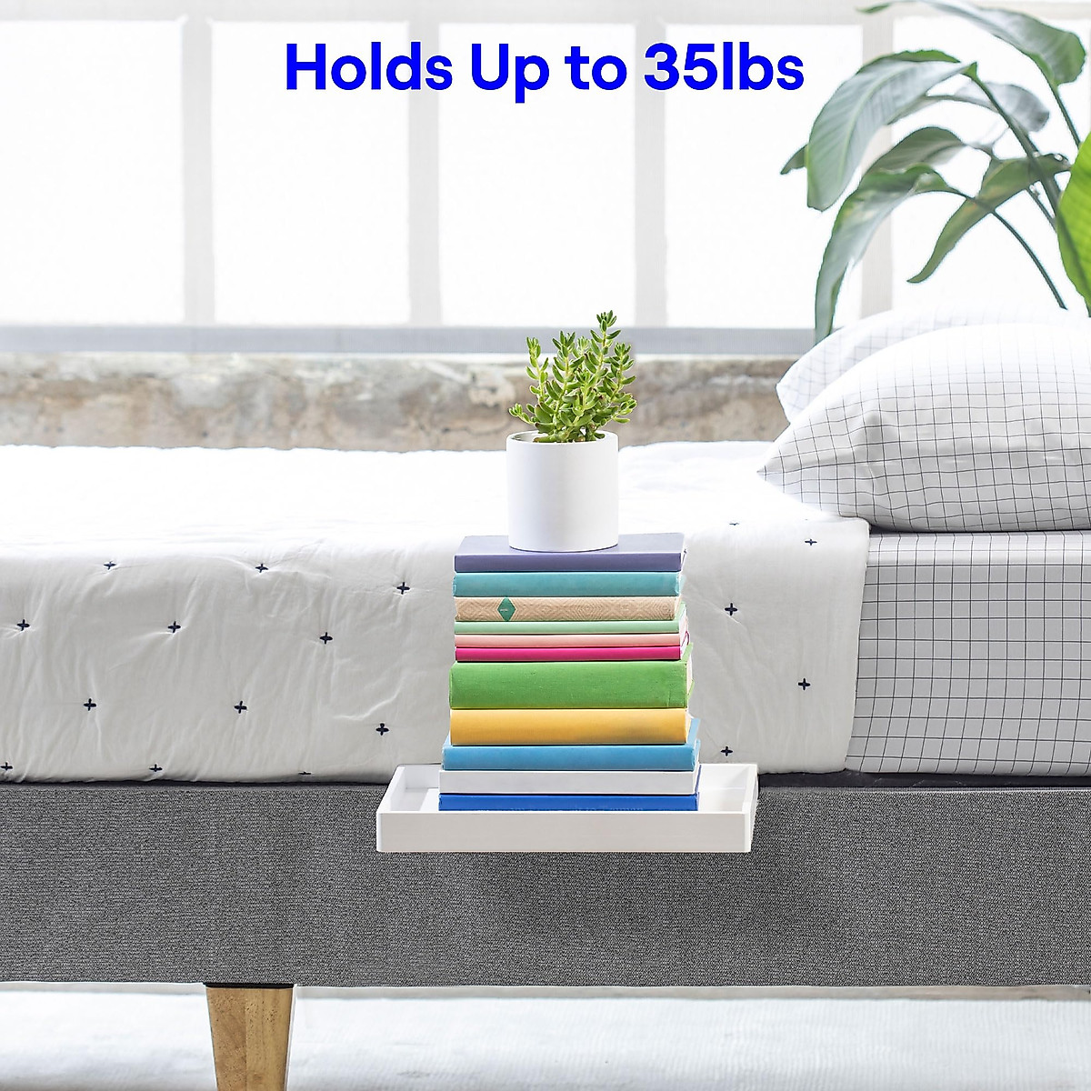 BedShelfie Bedside Shelf for Bunk Bed & Top Bunk, College Dorm Room Essentials, Loft Nightstand, Floating Bed Side Table Tray Storage, Dorm Room Decor, College Dorm Essentials - White Wood Slide