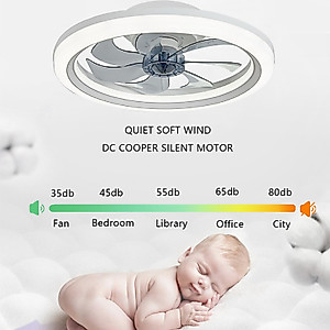 OUREDEEY 20" Modern Ceiling Fan with Light, 6 Speeds & Dimmable, White Flush Mount for Home