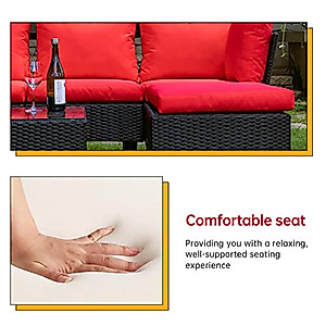 FDW Patio Furniture Sets 5 Pieces Outdoor Wicker Conversation Set Sectional Sofa Rattan Chair for Outdoor Backyard Porch Poolside Balcony Garden Furniture with Coffee Table,Red Cushion