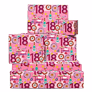 CENTRAL 23 Birthday Wrapping Paper For Women - 18th Birthday - 6 Sheets of Pink Gift Wrap - Birthday Drinks - Flower - For Girls Her Friends - Age 18 - Recyclable