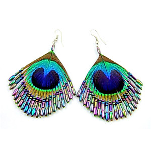 Swimmi Iridescent Peacock Feather Earrings, Hand Beaded Rainbow Color Beads Peacock Earrings for Women, Handmade Dangle Drop Feather Earrings Fashion Jewelry FA014