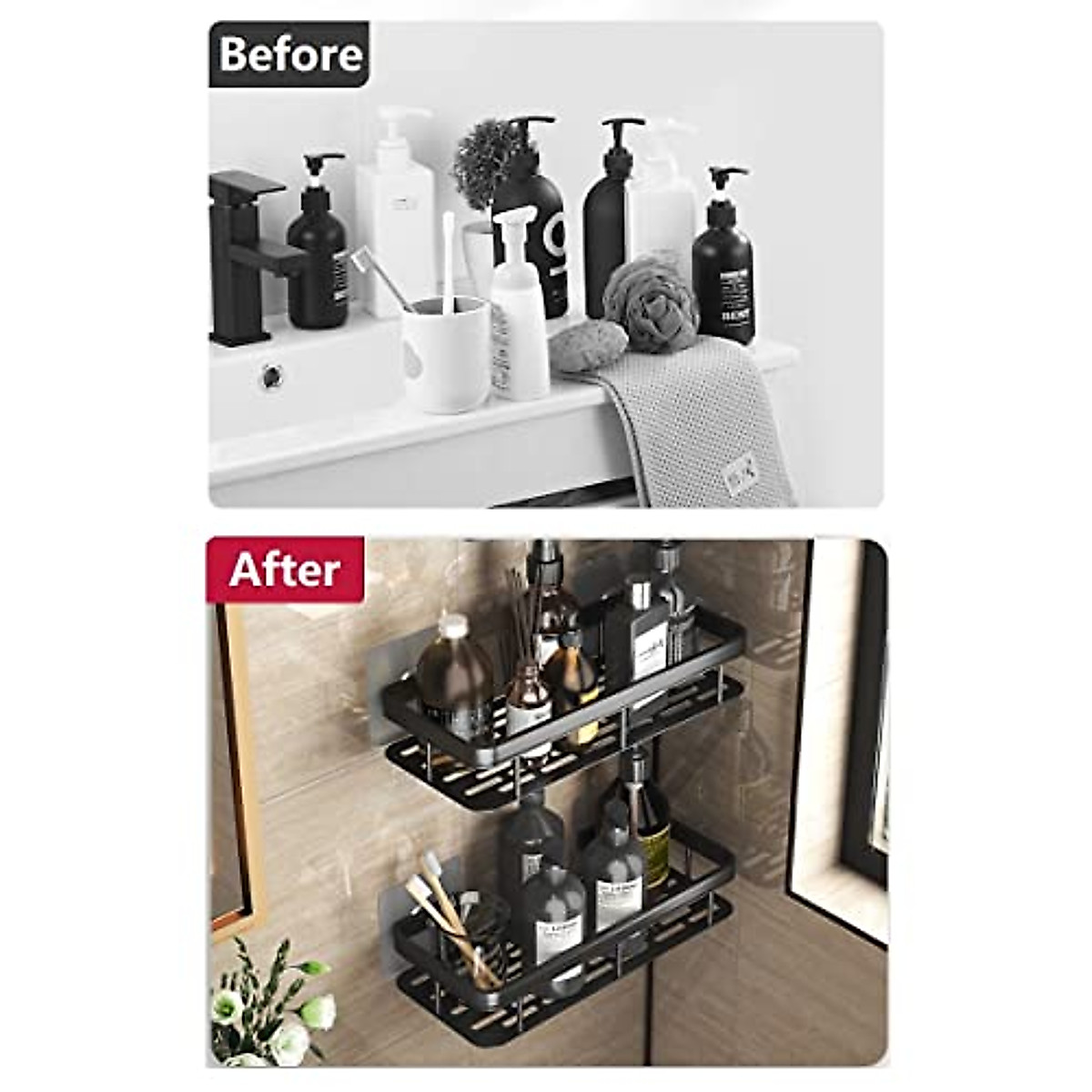 SANTREST Powerful Adhesive Drill Free Shower Caddies Black with Soap Dish