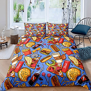 Erosebridal American Fast Food Bedding Set Twin Size Pizza Hotdog Comforter Cover Hamburger Print Duvet Cover for Kids Boys Girls Children Teens French Fries Cartoon Style Colorful Quilt Cover