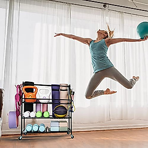 QUSIMI Yoga Mat Equip Storage Rack on Wheel, Dumbbells Kettlebells Workout Storage Weight Rack Cart,Large Home Gym Equipment Multi-use Storage Rack Holder Organizer