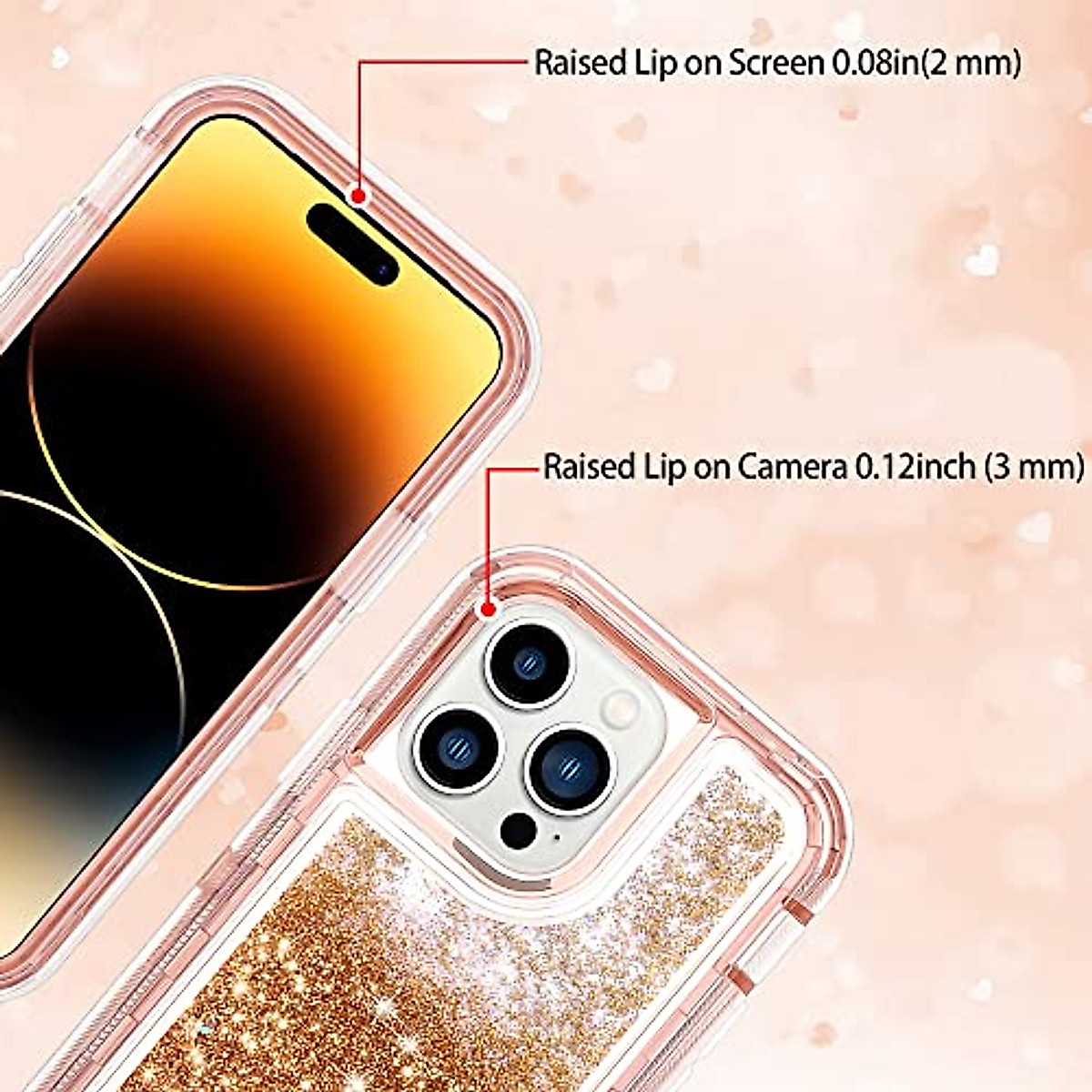 WOLLONY for iPhone 14 Pro Max Case Glitter Floating Liquid Shiny Quicksand Case for Women Girls Heavy Duty Shockproof Protective Case Hard PC Bumper Soft TPU Cover for iPhone 14 Pro Max 6.7''Rosegold
