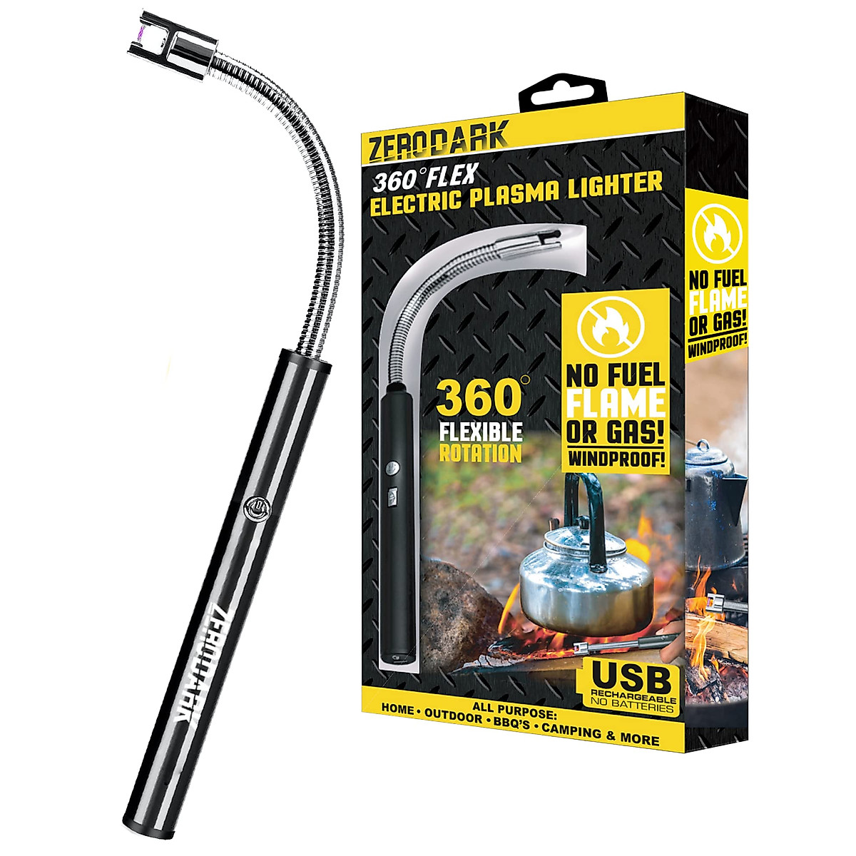 ZeroDark 360 Flex Electric Plasma Lighter USB Rechargeable Candle Lighter with Long Arc 360° Flexible Neck for Grill, Camping, Cooking, BBQ, and Fireworks