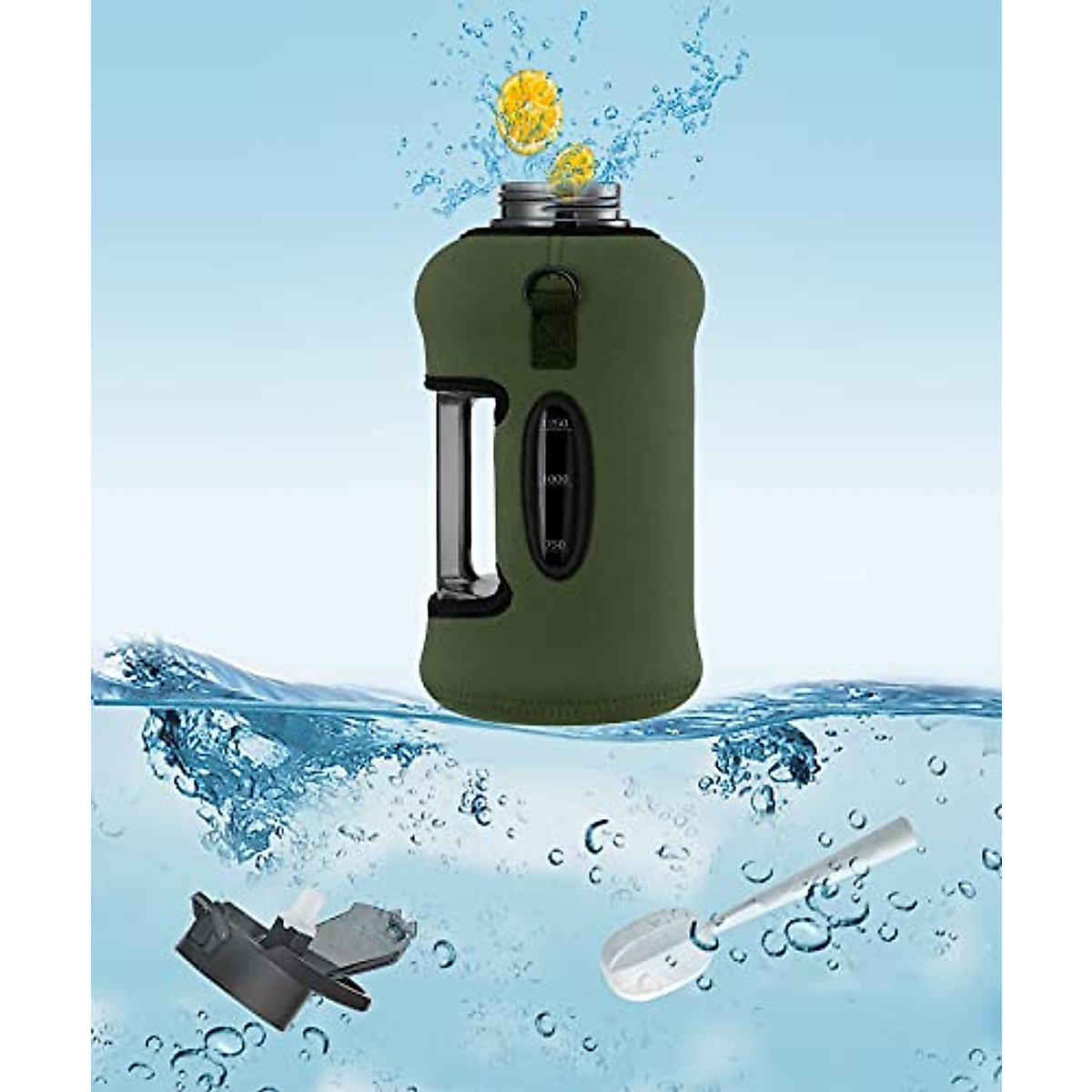 YOUCAN PLATO 64 oz Half Gallon Water Bottle with Sleeve-Large Water Bottle -Big Gym Water Bottle with Straw- Gallon Water Jug with Handle and Bottle Brush-BPA Free-2 Liter workout bottle, Army Green