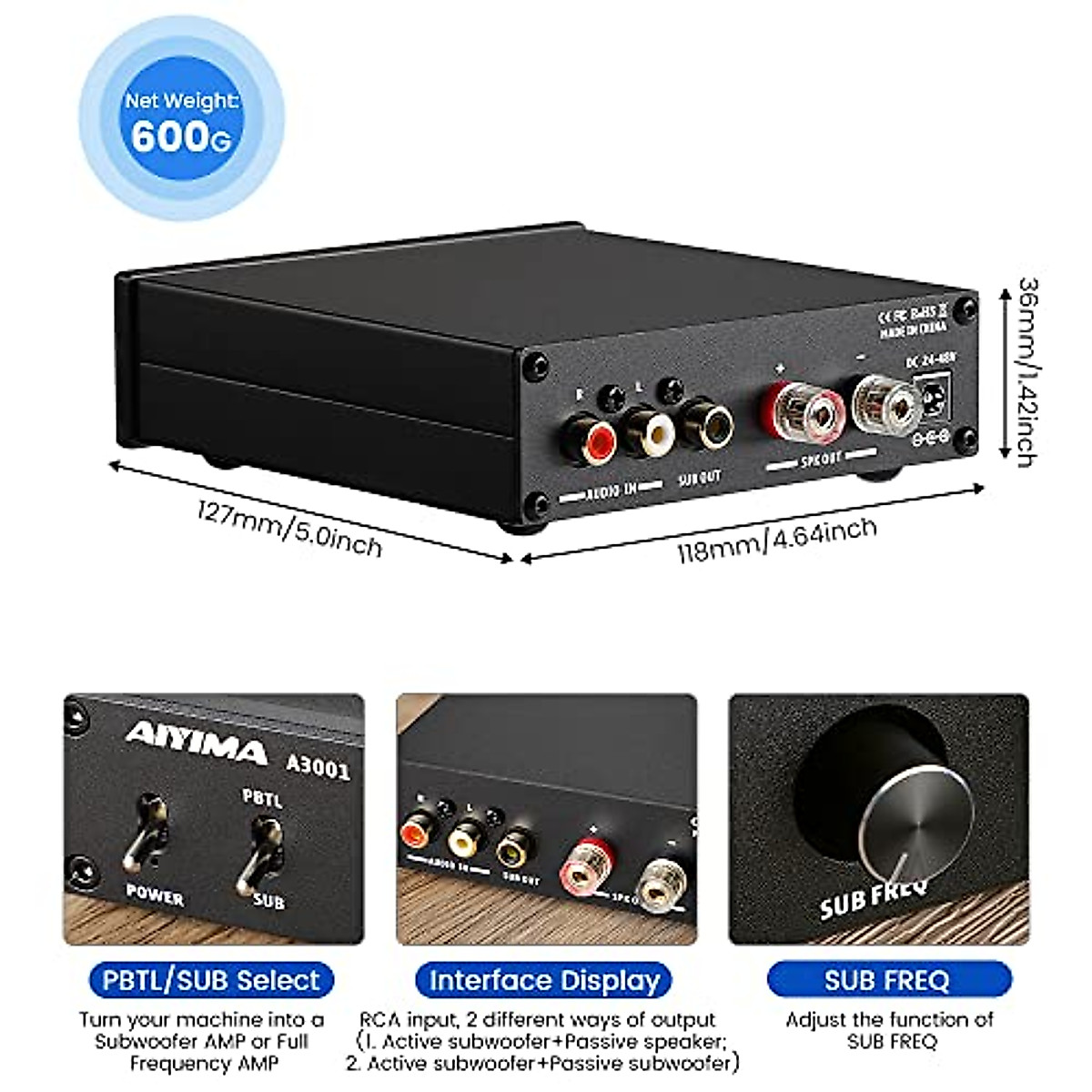 AIYIMA A3001 Mini Stereo Amp 200W Subwoofer Amplifier Class D Mono Amp with Full-Frequency & Sub Bass Home Audio Speaker amp