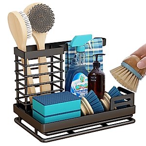 CIT ZCFYU Kitchen Sink Caddy Sponge Holder, Sink Caddy Kitchen Sink Organizer Stainless Steel, Dish Sponge Holder with Dishcloth Rack, Removable Drain Tray for Sponge, Gifts for Women & Men, Black