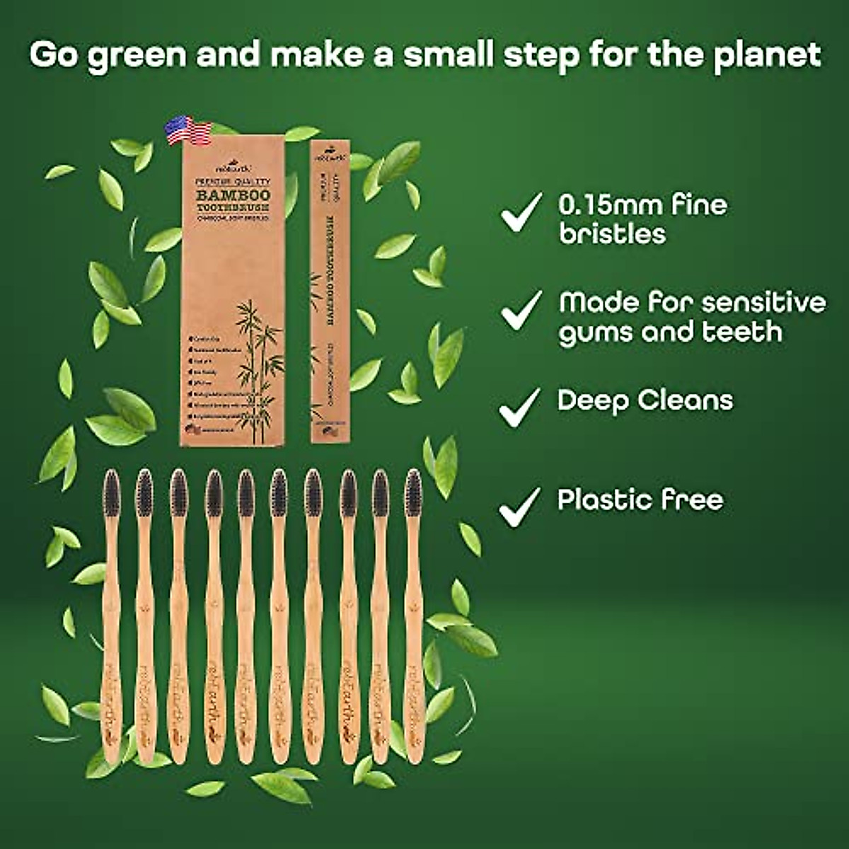 Bamboo Aesthetic Toothbrush Wood Set of 10 | Ultra Soft Bristles | Black Charcoal Infused | American Brand | Upgrade Hygiene & Reduce Waste | Brushes Teeth Care | Earth Friendly | Plant Based