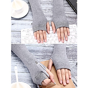 Bememo 4 Pairs Arm Warmer Fingerless Gloves for Women Long Arm Sleeves Knitted Elbow Length Gloves Gothic Thumb Hole Gloves (Black, Light Grey, Dark Grey, Coffee)